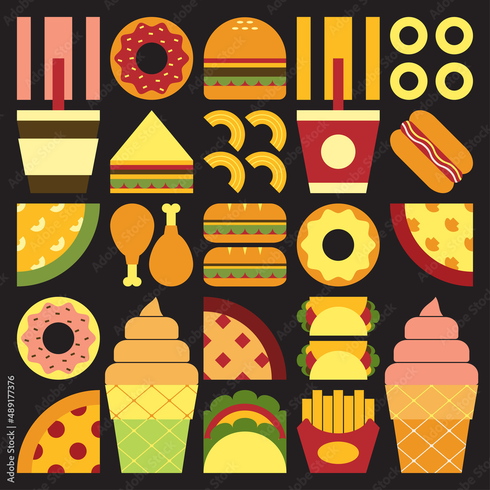 Flat minimalist geometric fast food symbol artwork poster with colorful ...