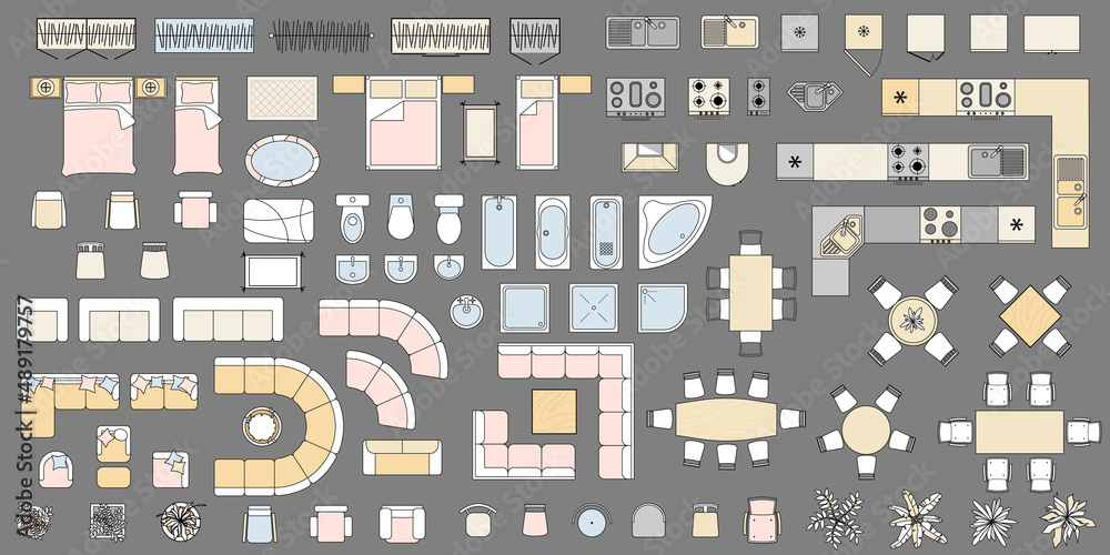 Furniture top view for interior design. Colored Objects and elements ...