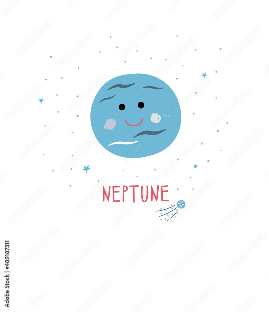 Hand-drawn Cute planet Neptune in cartoon style on a white background ...