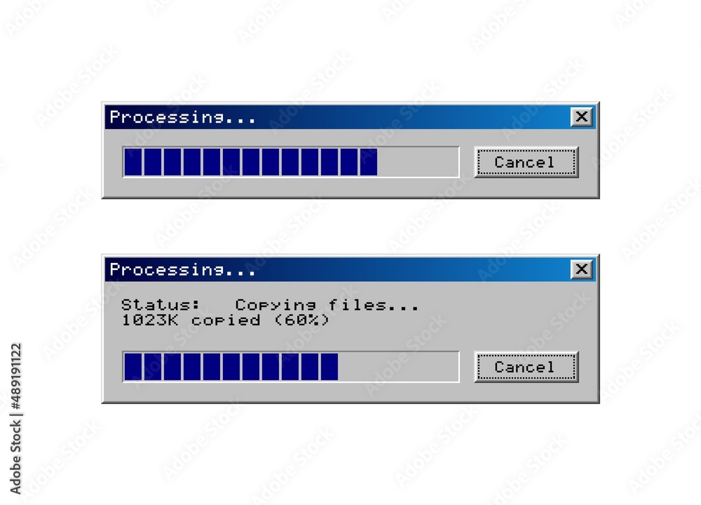 Retro Os User Interface Set Of Progress Bars Dialog Screen With Cancel Button Vintage
