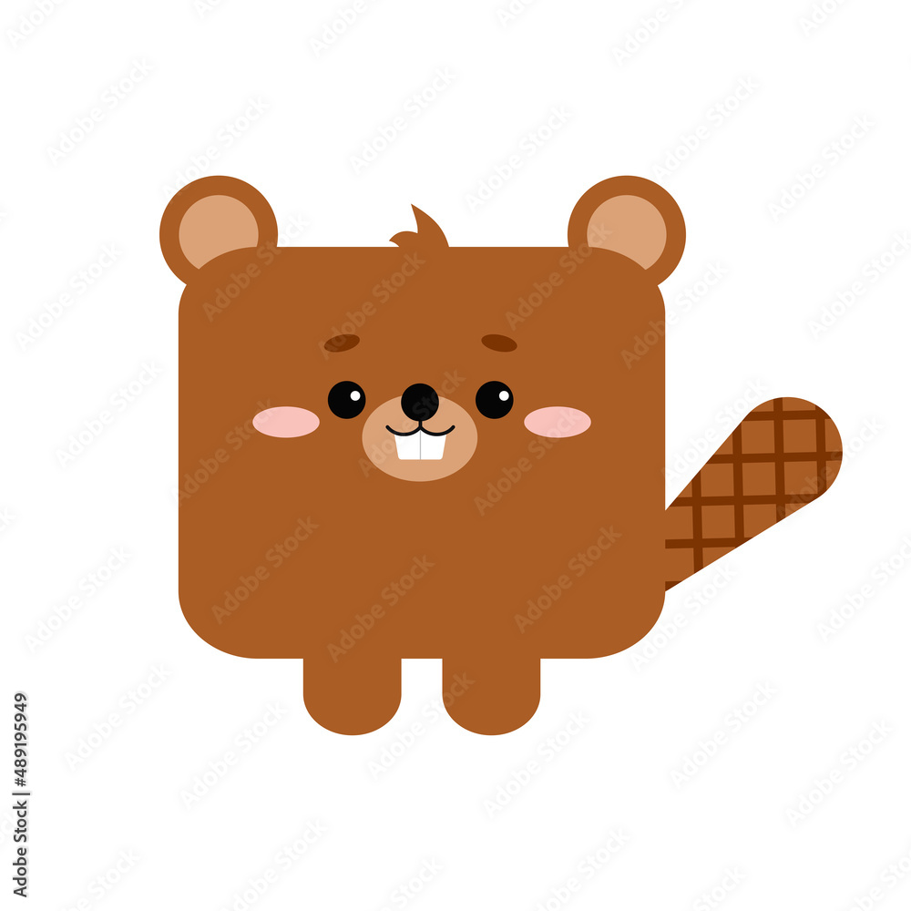 Square beaver forest animal face with tail icon isolated on white ...