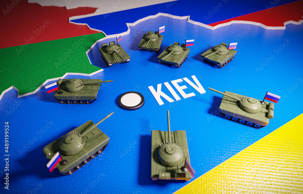 War in Ukraine with Russia - concept of a 3d map with tanks surround ...
