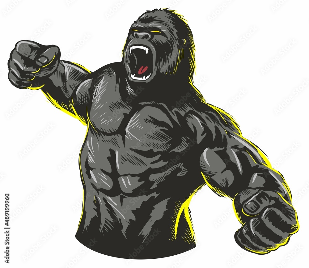 Vintage, comic book style roaring gorilla. Vector illustration. Isolated on white background ...
