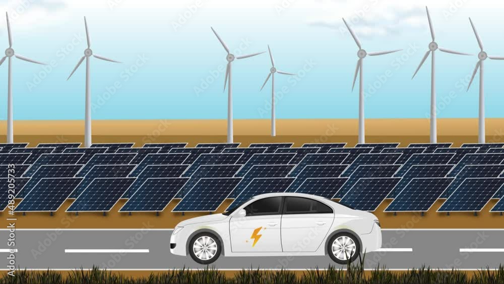 Animated Electric Car Shown Driving on a Road with Windmills and Solar ...