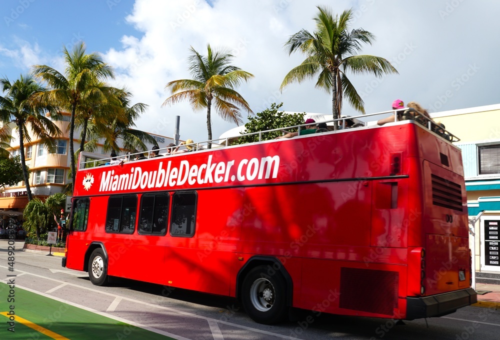Miami Beach, Florida, U.S.A - February 18, 2022 - The red Miami Double ...