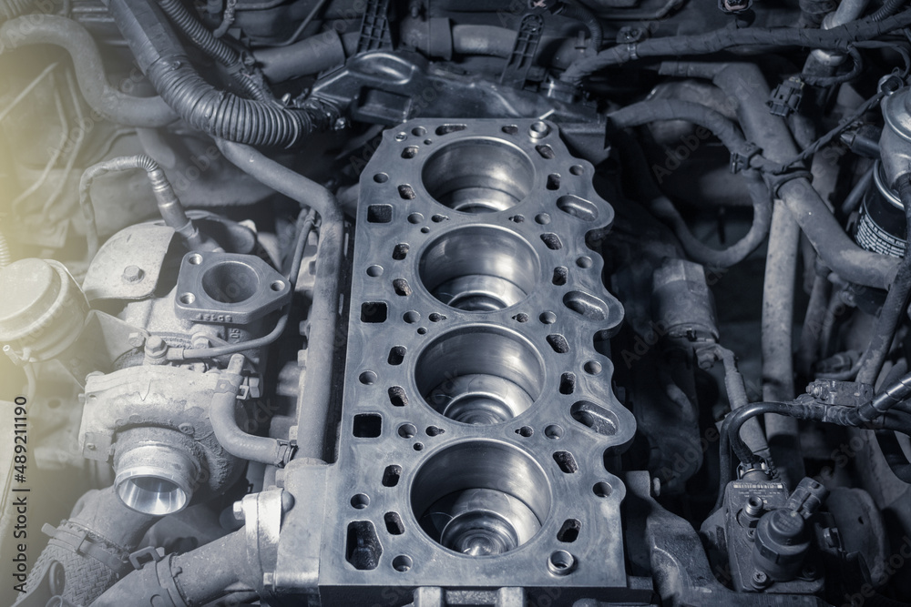 Disassembled car engine without cylinder head. Repair of an old ...