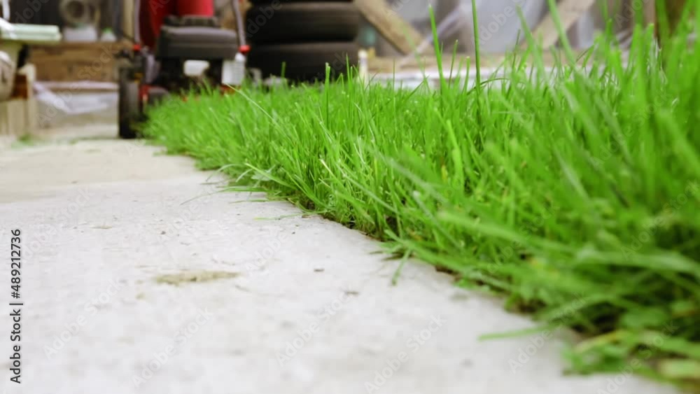 Garden red lawnmower. Low angle of side view of worker mowing lawn ...