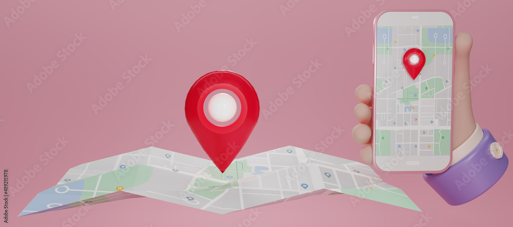 Red pin checking and map application floating on pink background with ...