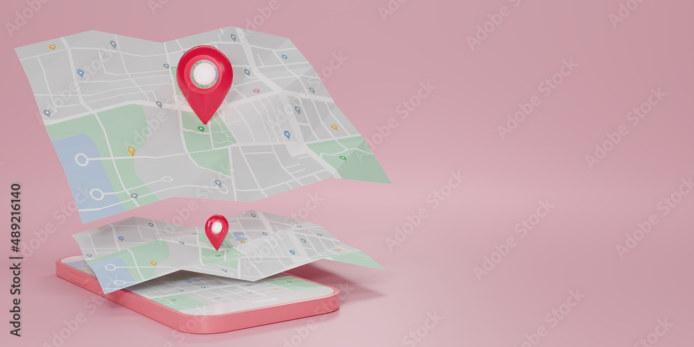 Red pin checking with map application floating on pink smartphone ...