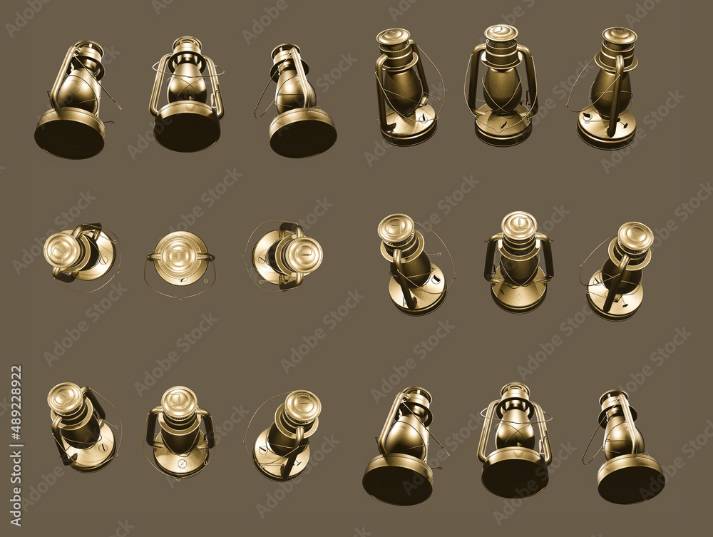 3d set of lantern lamp rendred from different angles for vfx, animation ...