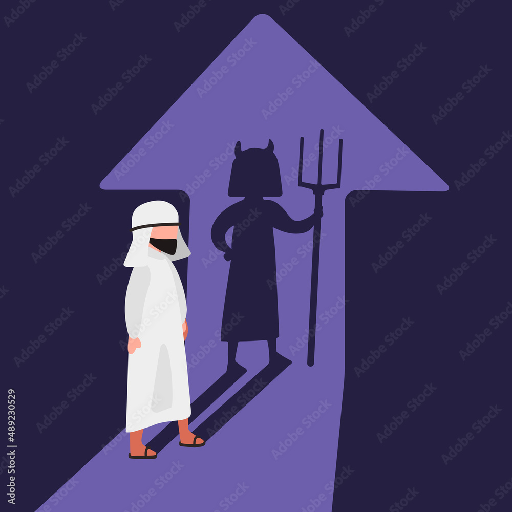 Business flat drawing Arabian businessman with devil of shadow. Evil ...