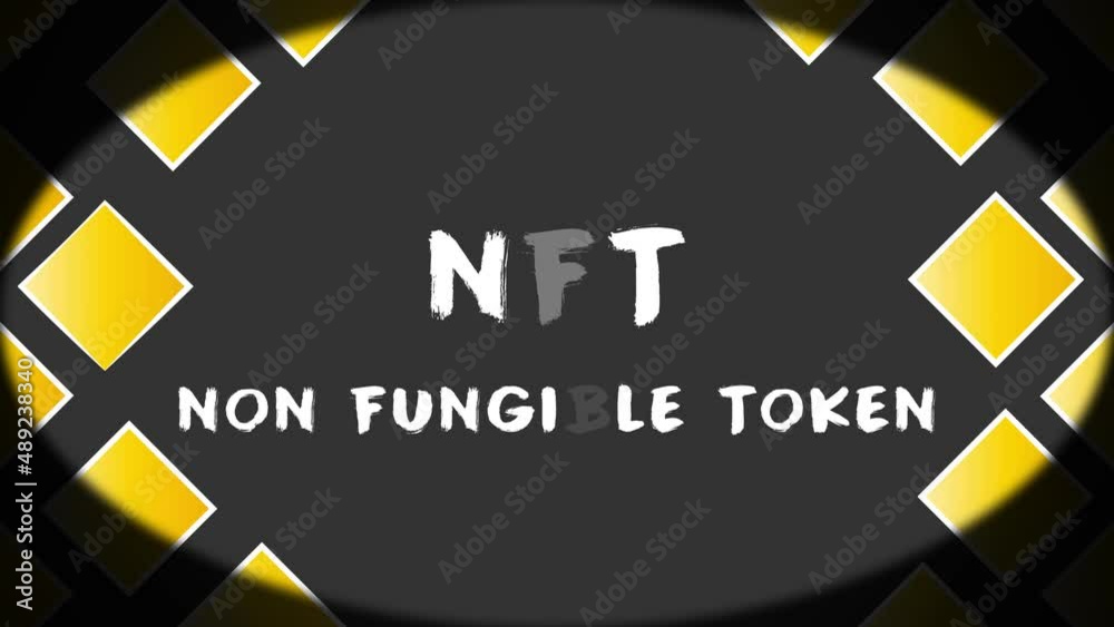 Yellow diamond shapes with flashing NFT non fungible token text on a ...