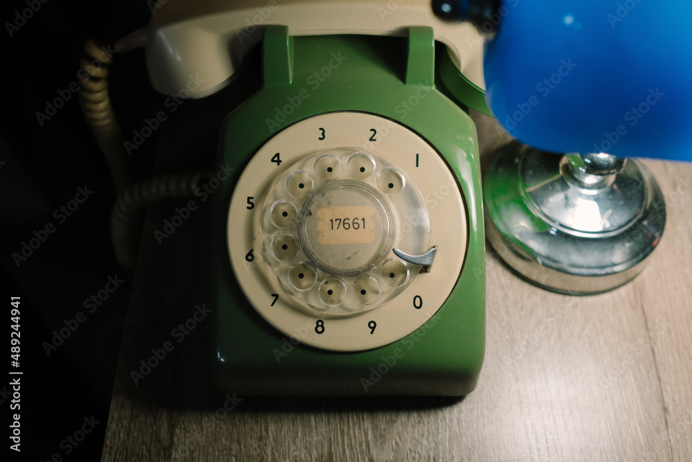 Old phone, top view an old telephone in retro style, a telephone that ...