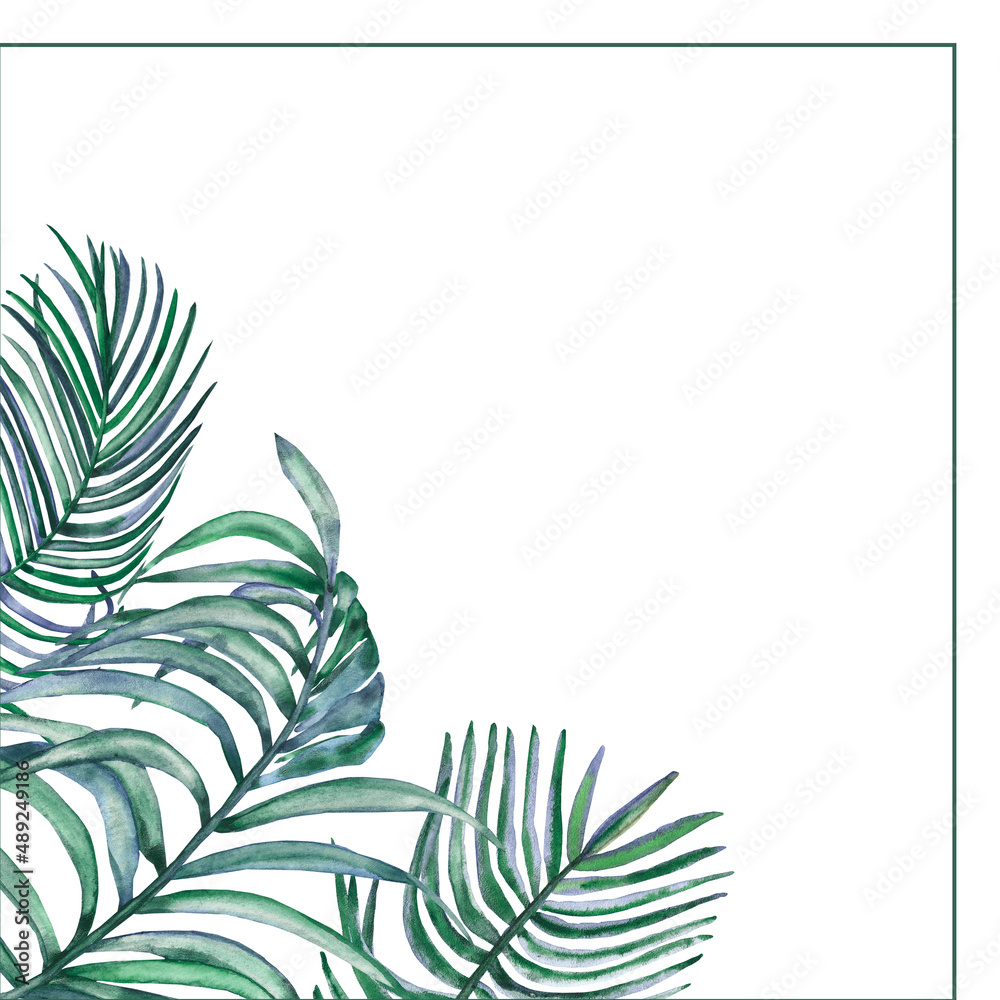 Watercolor hand painted nature tropical corner frame with green palm ...