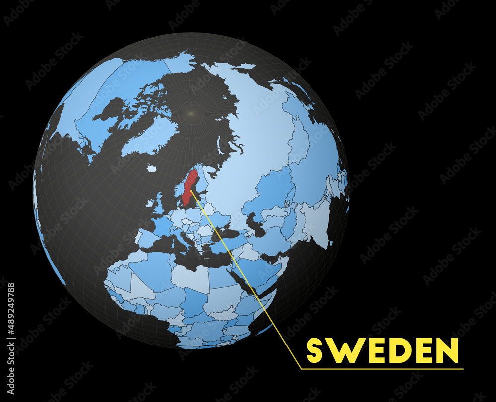 Sweden on dark globe with blue world map. Red country highlighted ...