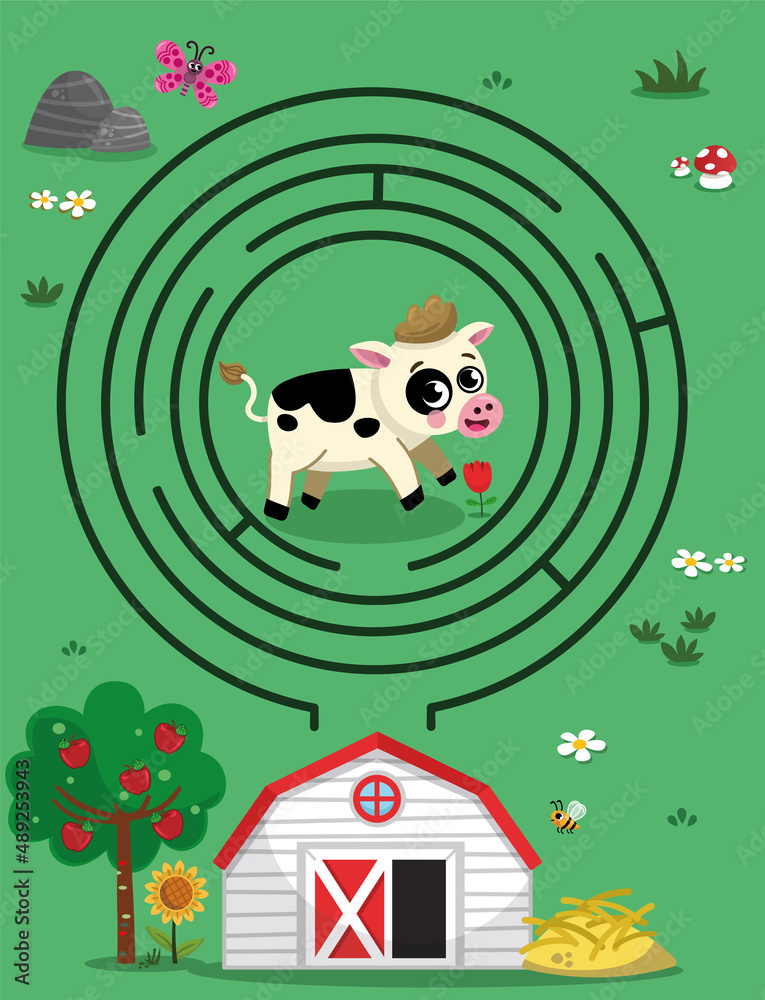 Help baby cow to reach the barn. Maze game for children. Vector ...