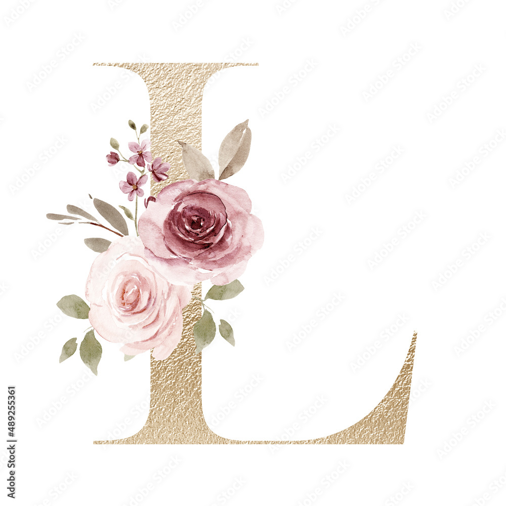 Monogram l, letter with watercolor flowers and leaf. Floral alphabet ...
