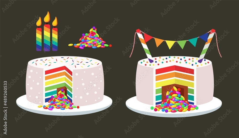 Sweet Pinata cake with rainbow candles. Madeira sponge coated glaze ...