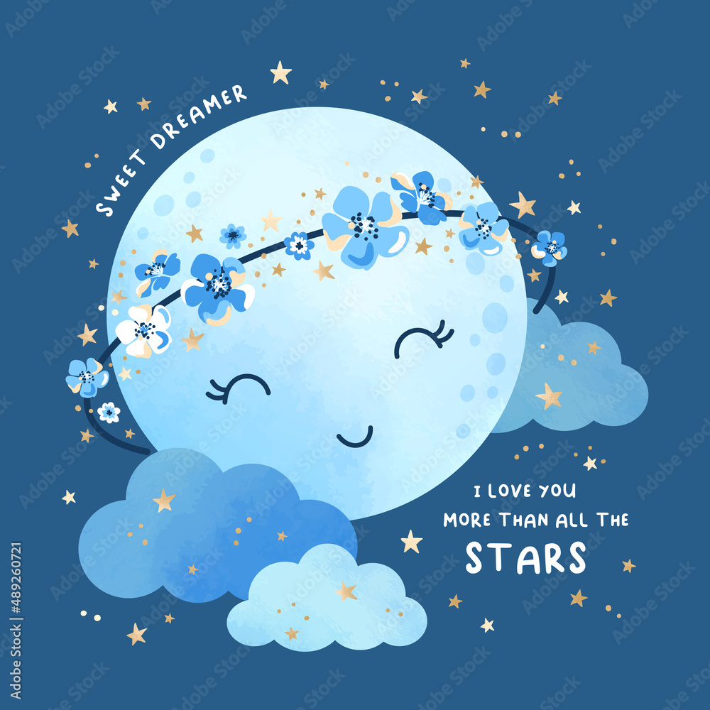 Vector illustration with cute moon in floral wreath, clouds and gold ...