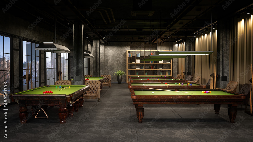Snooker or Billiards club interior with multiple tables and windows ...