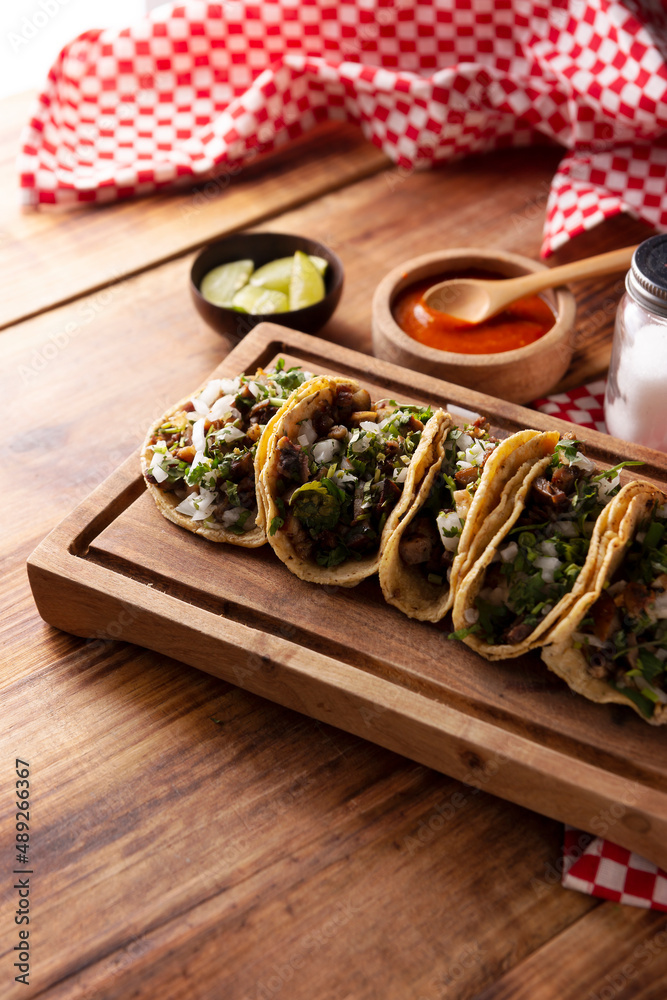 Tacos de Suadero. Fried meat in a corn tortilla. Street food from CDMX ...