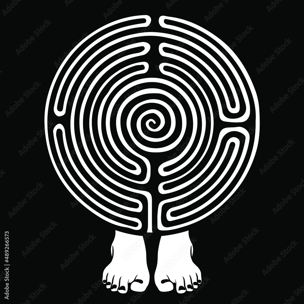 Round spiral maze or labyrinth symbol standing on two bare human feet ...
