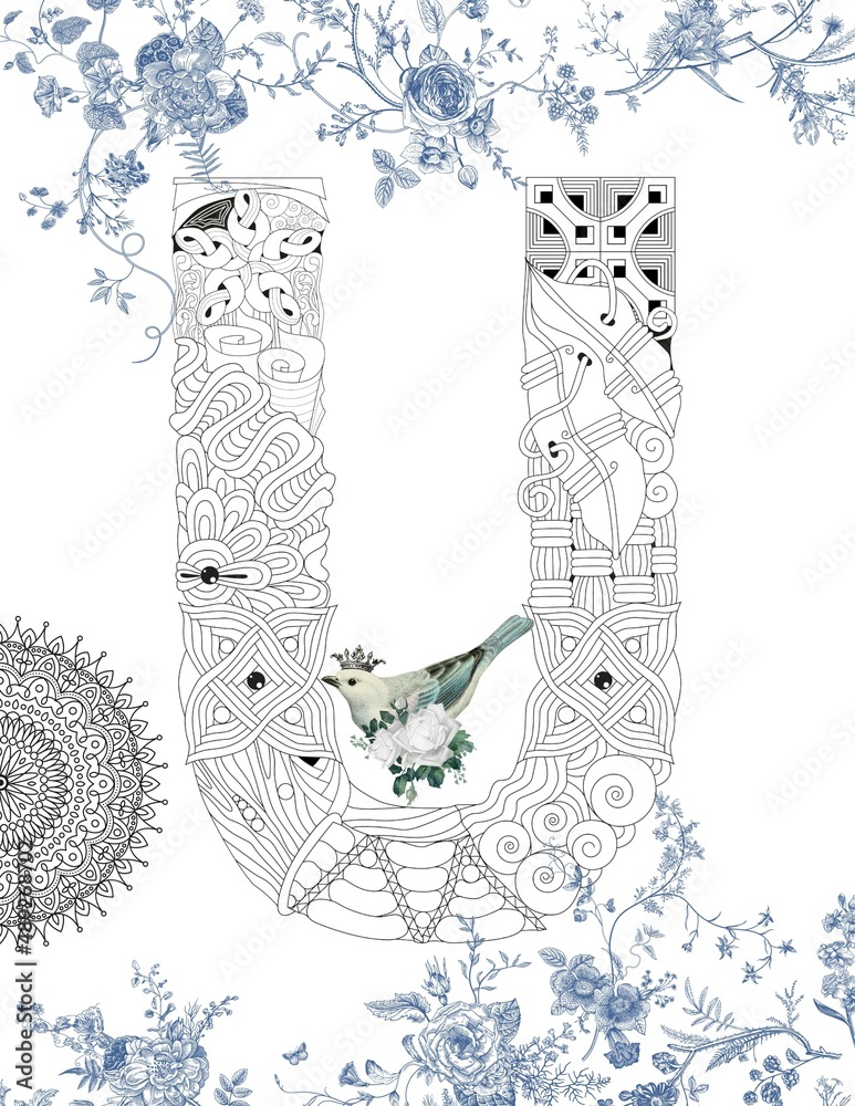 white Zentangle Alphabet Letter U Outline Coloring Page Stock ...