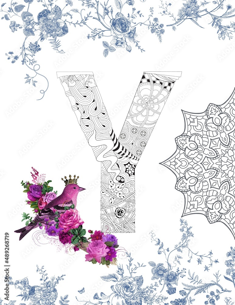 white Zentangle Alphabet Letter Y Outline Coloring Page Stock ...