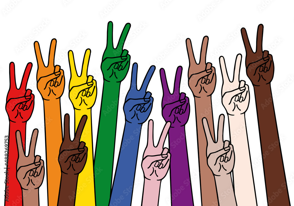 Hands with peace sign, victory symbol, diversity concept, rainbow ...