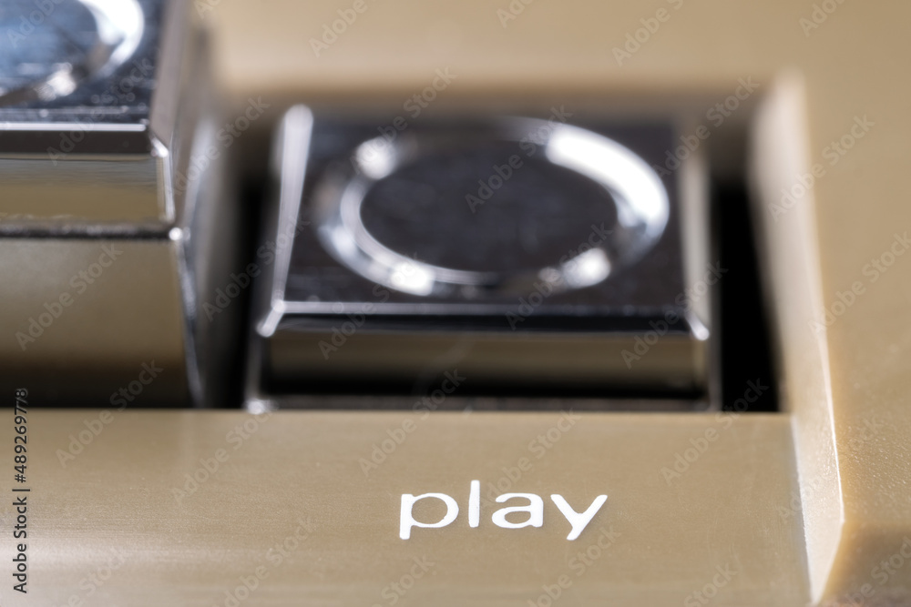 Pressed play button of a vintage tape recorder macro Stock Photo ...