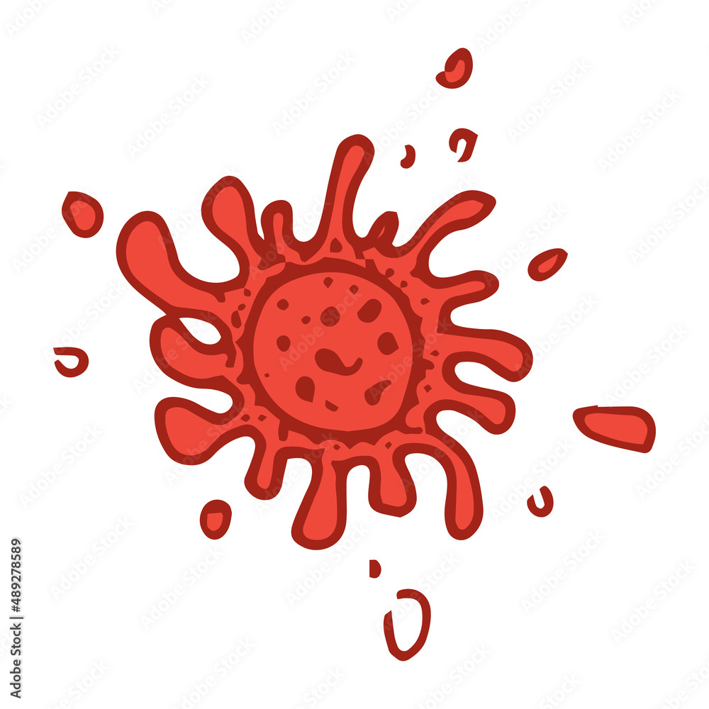 the icon of the red coronavirus virus. A hand-drawn microbe of a round ...
