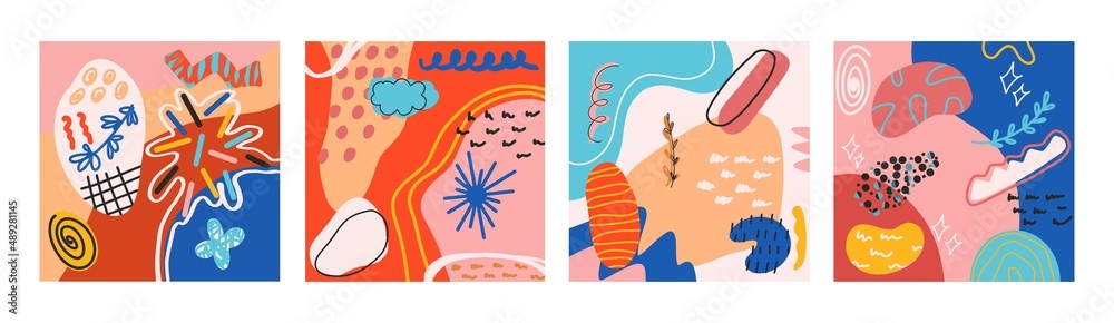 Set of decorative abstract illustrations with colorful drawings. Drawn ...