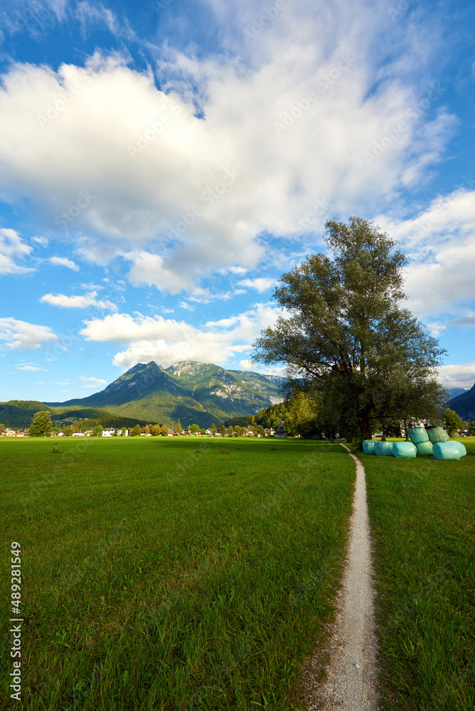 Beautiful Austrian Landscape with Field, Mountains and Pathway. Bad ...