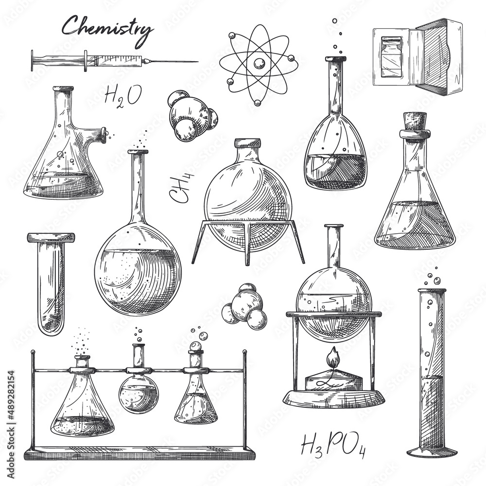Set of different pharmaceutical flasks, beakers and test tubes. A ...