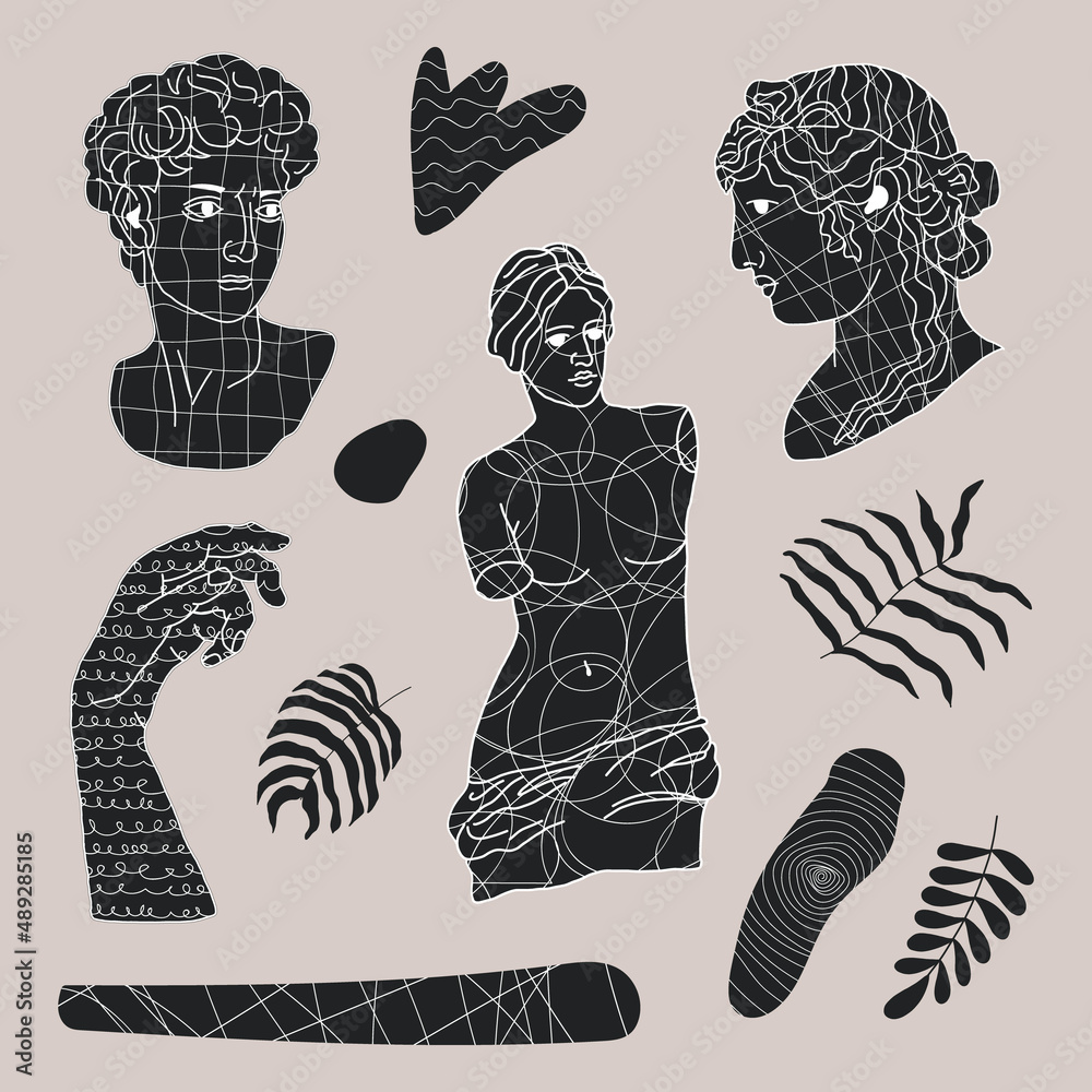 A set of antique statues and sculptures. Various abstract shapes and ...