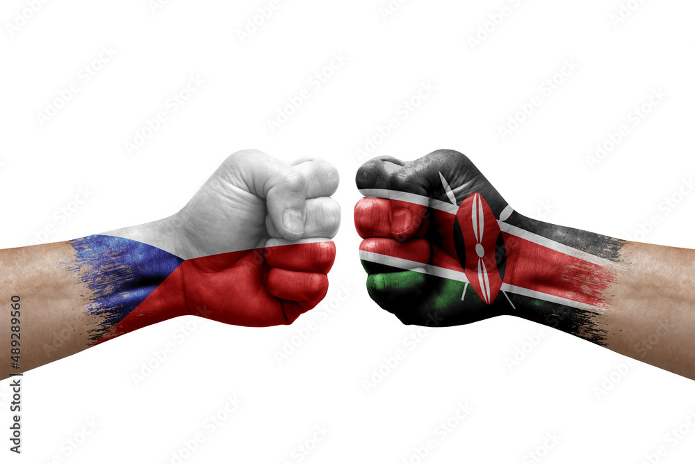 Two hands punch to each others on white background. Country flags ...