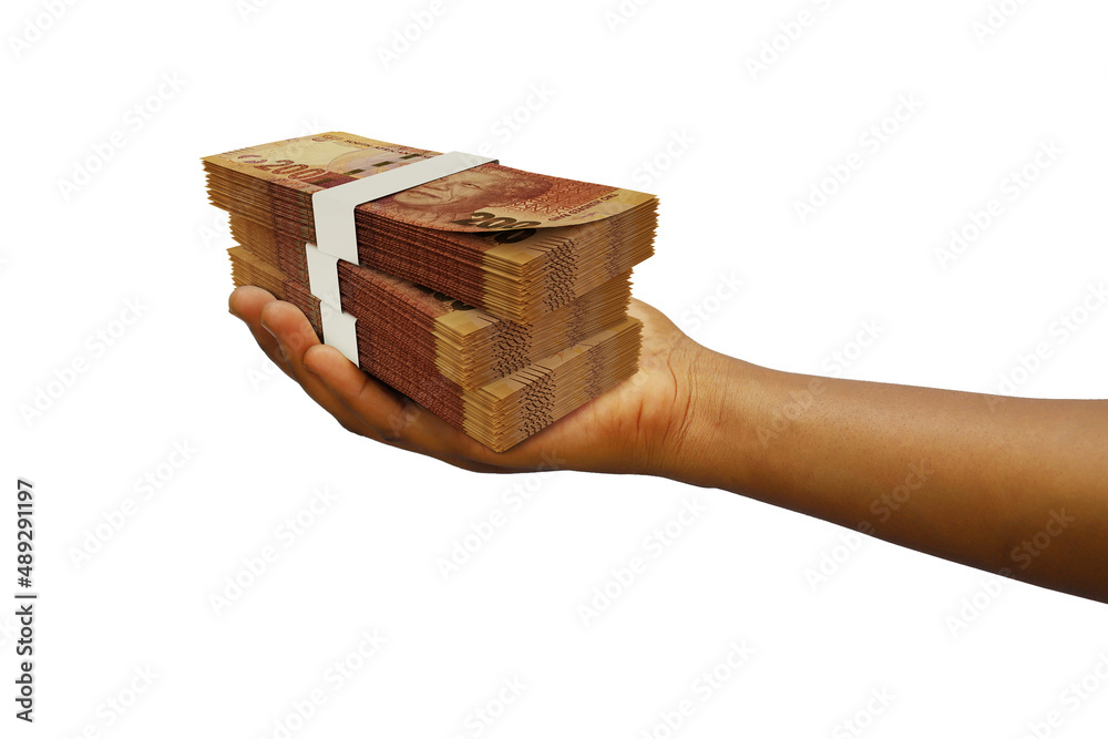 Hand Holding 3D rendered stack of 200 South African rand notes isolated ...