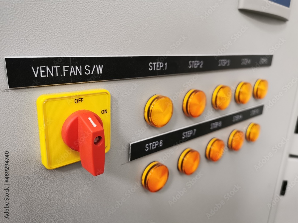 On off selector switch ventilation fan with row of led pilot lights on ...