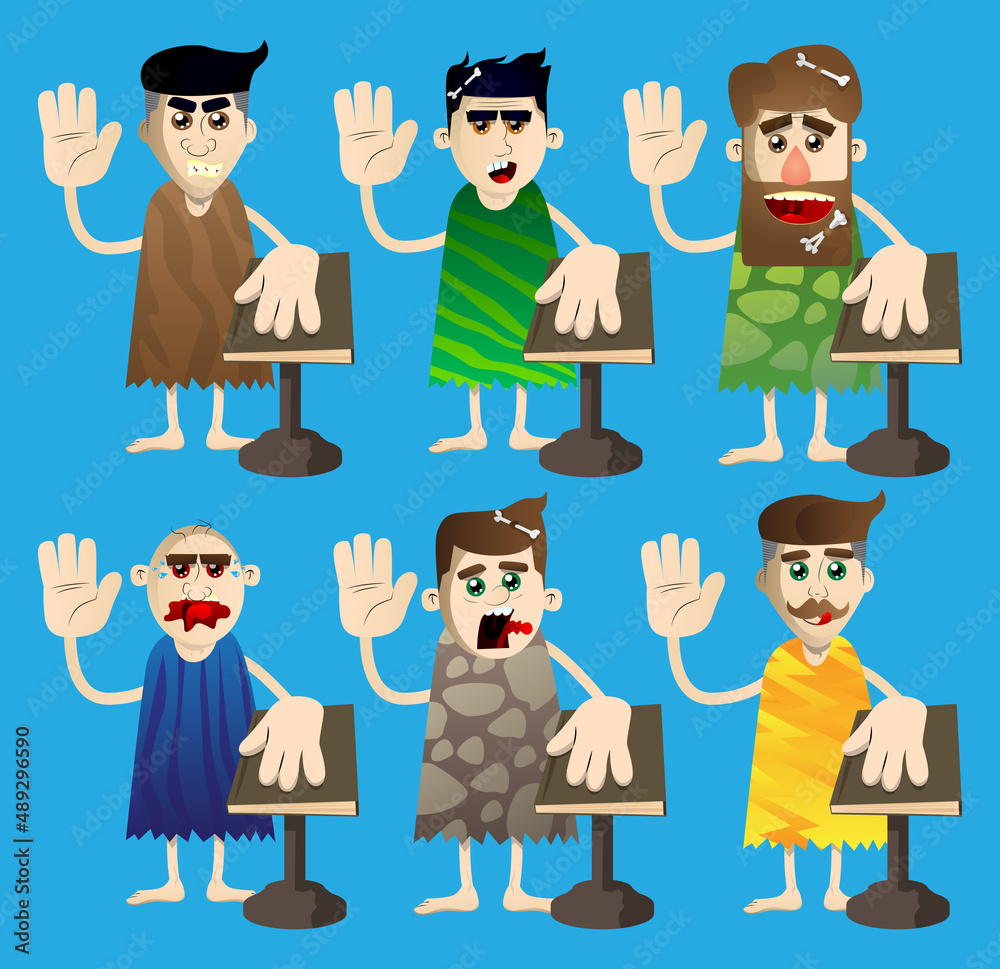 Cartoon prehistoric man raising his hand and put the other on a holy ...