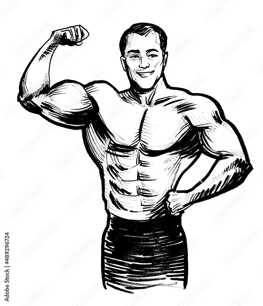 Athletic man flexing biceps. Ink black and white drawing Stock ...