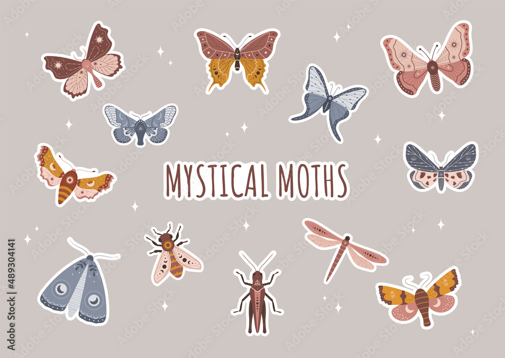 Butterfly sticker collection in bohemian style. Cute hand drawn moth ...