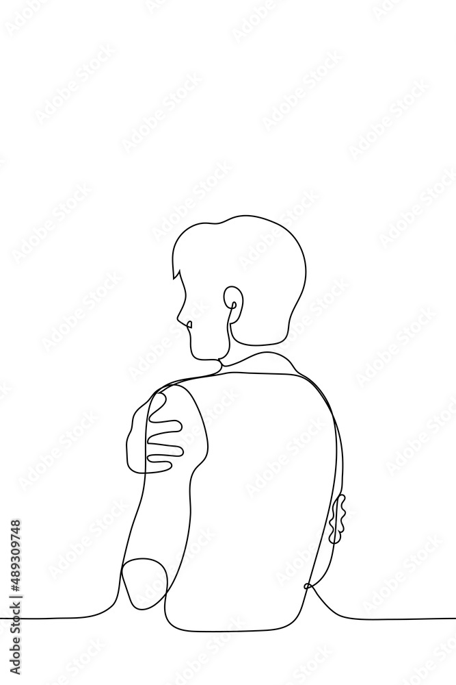Man Stands Hugging Himself One Line Drawing Vector The Concept Of