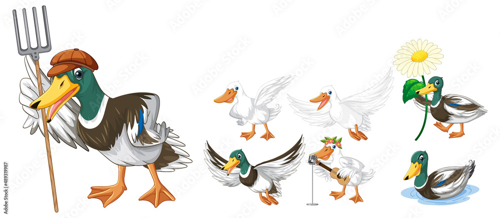 Set of different poses of ducks cartoon characters Stock Vector | Adobe ...