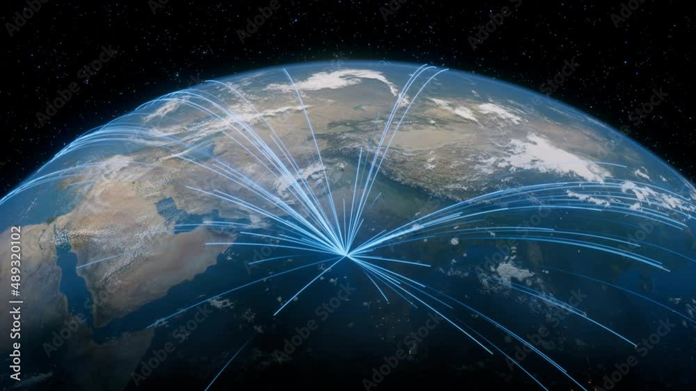 Earth in Space. Blue Lines connect Mumbai, India with Cities across the ...