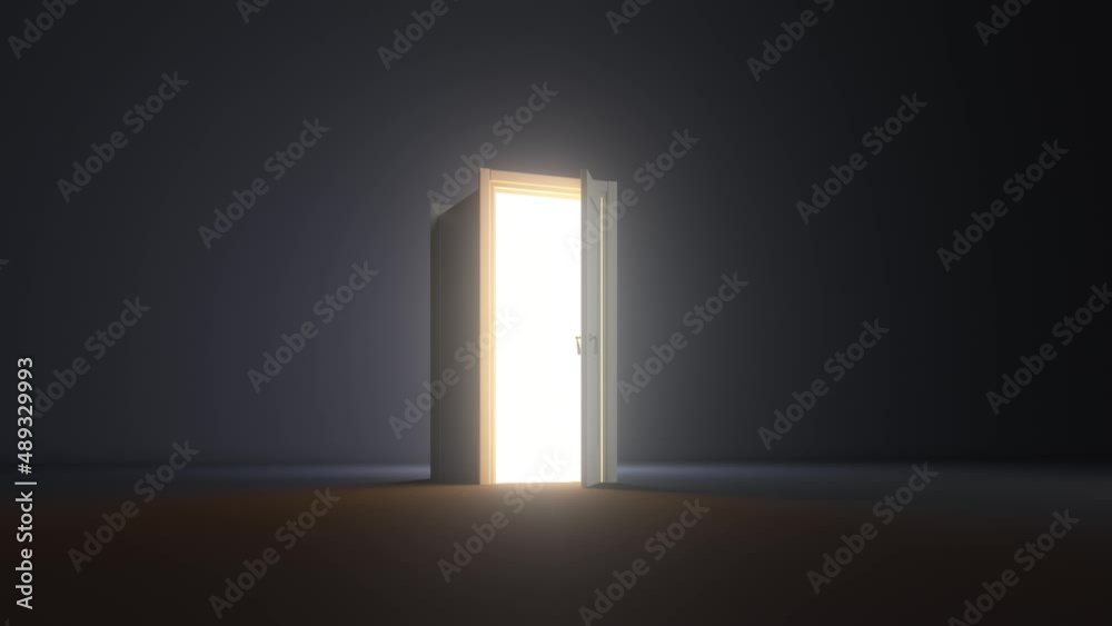 Opening door and golden light glow effect inside in empty dark room ...