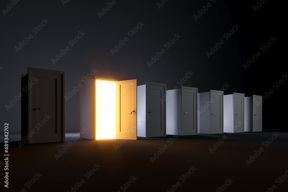 Opening door and golden light glow effect inside in empty dark room. 3d ...