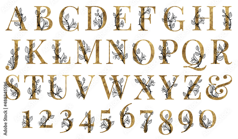 Gold alphabet with black floral elements, golden foil monogram letters ...