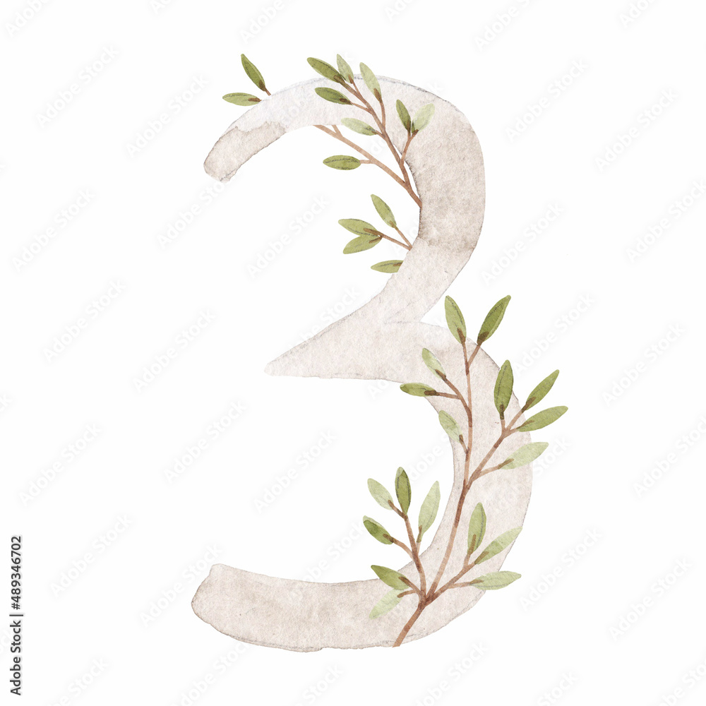 Beautiful stock illustration with watercolor hand drawn number 3 and ...