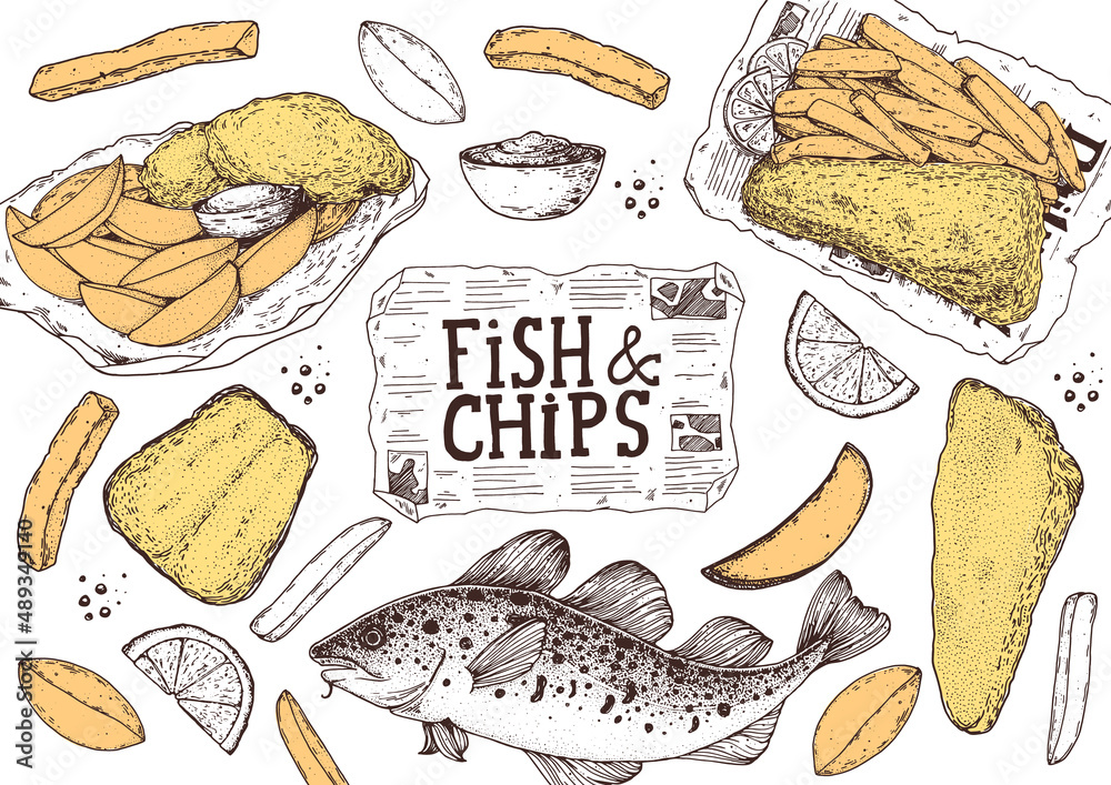 Fish and chips sketch vector illustration. British pub food. Hand drawn ...