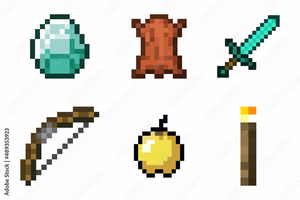 Set of Patterns of pixel objects. The concept of game weapons and items ...